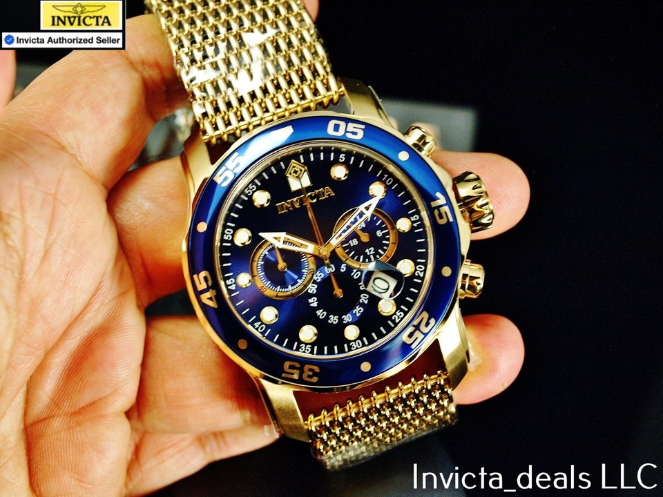Invicta Men's 48mm Pro Diver SCUBA Chronograph BLUE DIAL Gold Tone MESH ...