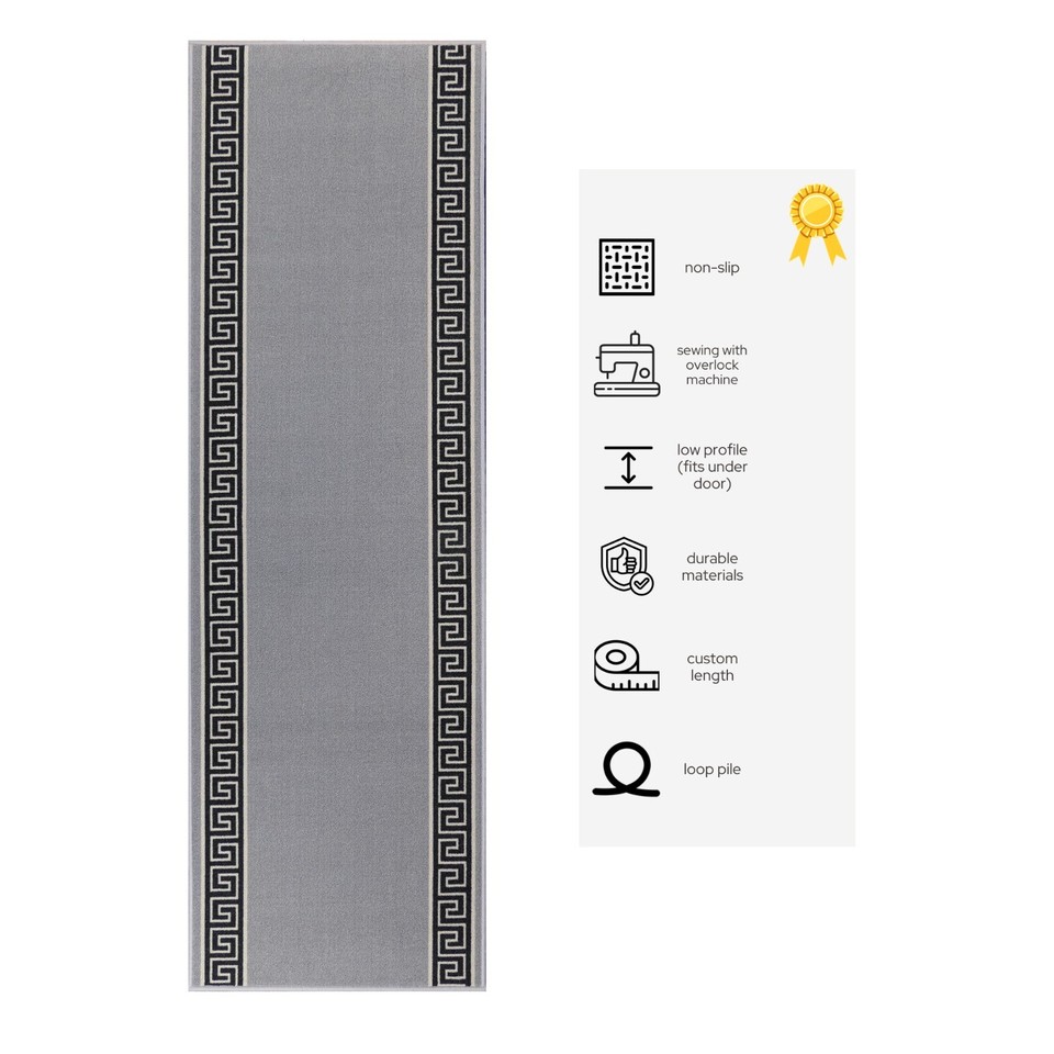 Custom Size Anti Slip Low Profile Loop Pile Meander Gray Design Runner ...