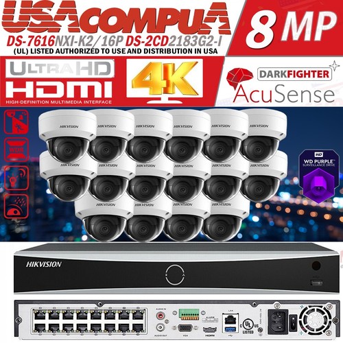Hikvision NVR 4K 16CH 8MP 16 POE Security IP Camera System DS-2CD2183G2 ...