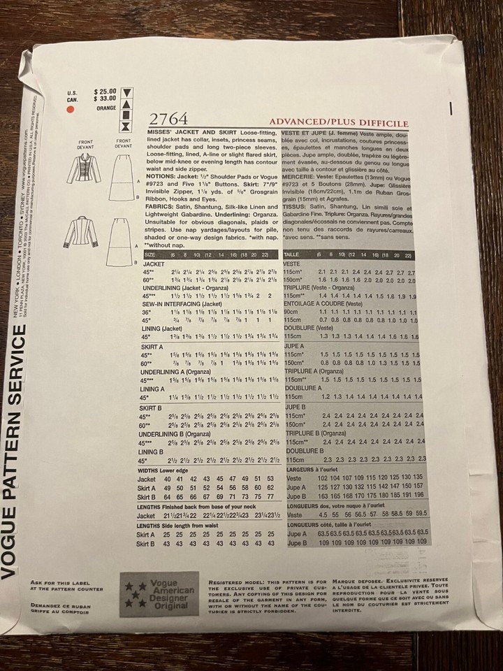 Vogue 2764 UNCUT Sewing Pattern, Misses' Jacket & Skirt, Size 12-16, de ...