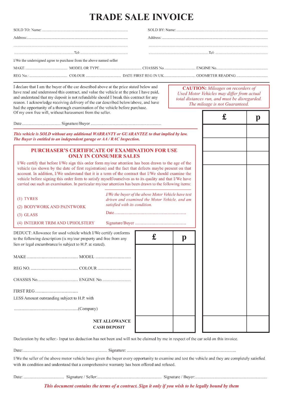 Used Car Sales Invoice/Receipt Vehicle Trade Sale Pads TOP QUALITY A4 ...