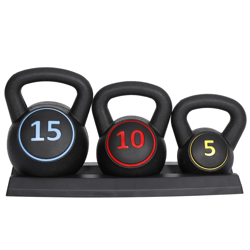 3-Piece Kettlebell Set with Storage Rack 5lb 10lb 15lb Weight for Home ...