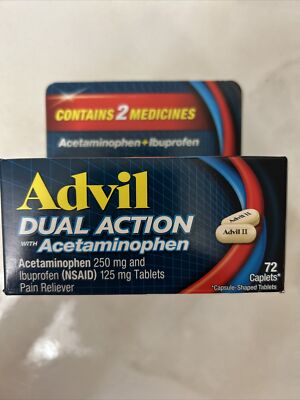 Advil Dual Action Acetaminophen 250mg & Ibuprofen 125mg, 72 Caplets Exp ...