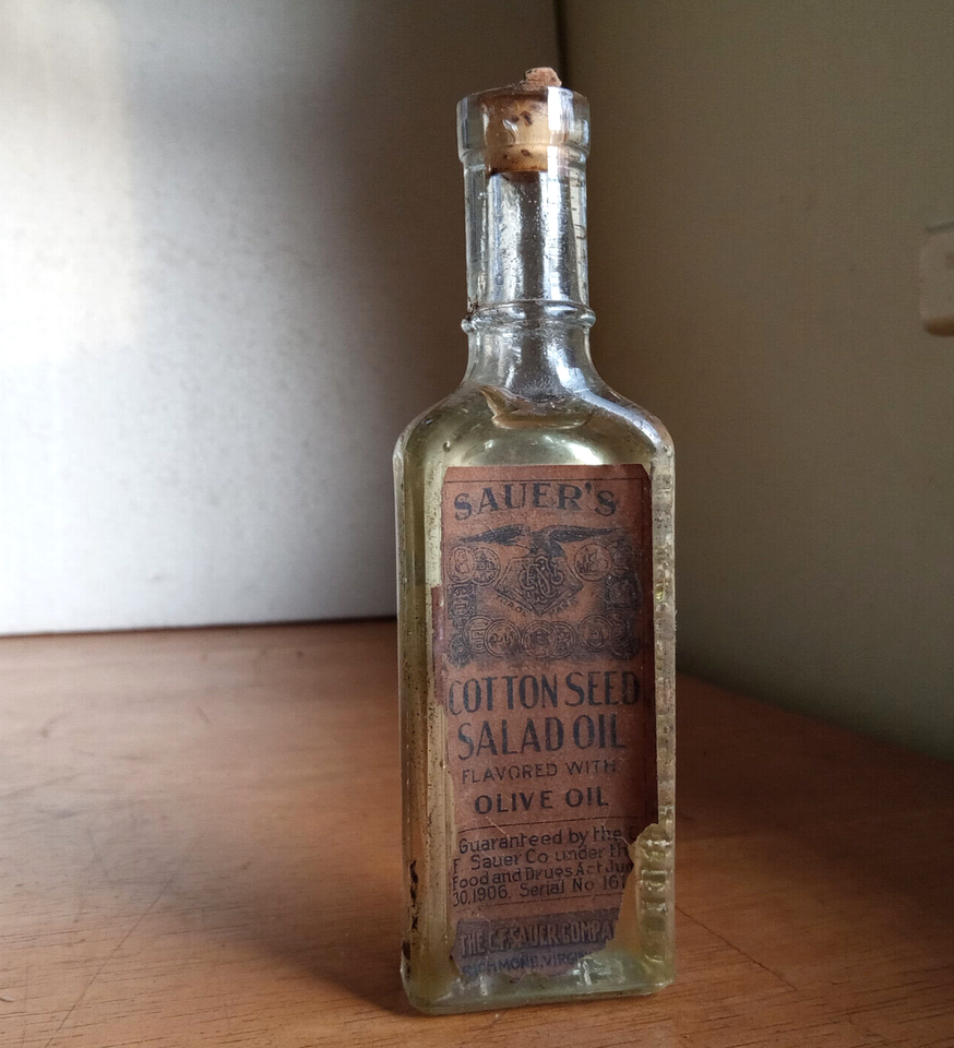 SAUER'S COTTON SEED SALAD OIL RICHMOND,VA 1906 HAND BLOWN LABELED FOOD ...
