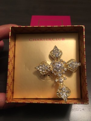 NIB $25 Charter Club Crystal & Gold Tone Cross Pin Brooch in Gift Box ...
