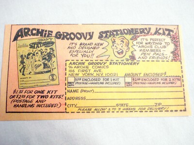 1966 Archie Comics Color Ad Archie Groovy Stationery Kit | eBay