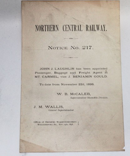 Vintage Northern Central Railway Company Notice No 217 Memorandum ...