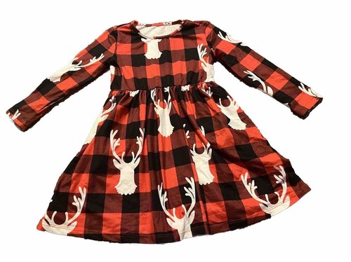 Long Sleeve Dress Plaid with Moose Girls Boutique Size Small 5t Red ...