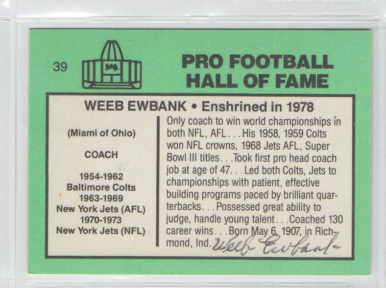 Weeb Ewbank 1985 Football Immortals signed autographed card New York ...