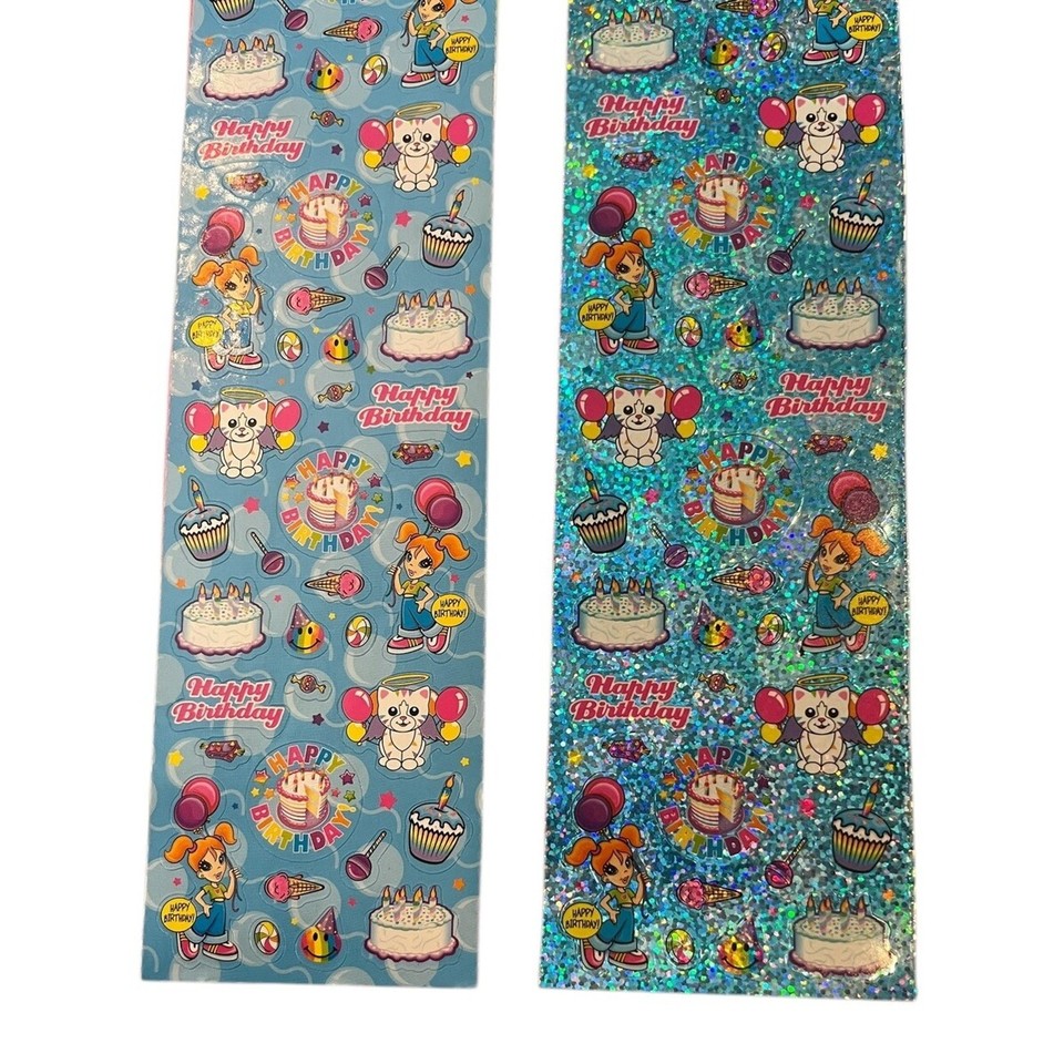 2 VTG LISA FRANK Sticker Strips 12” Happy Birthday Cake Cats One ...