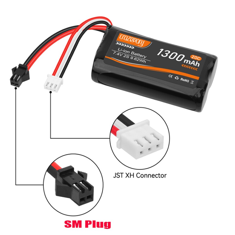2PCS 1300mA 7.4V 2S 20C SM Plug Li-Lon Battery + USB Charger Cable for ...