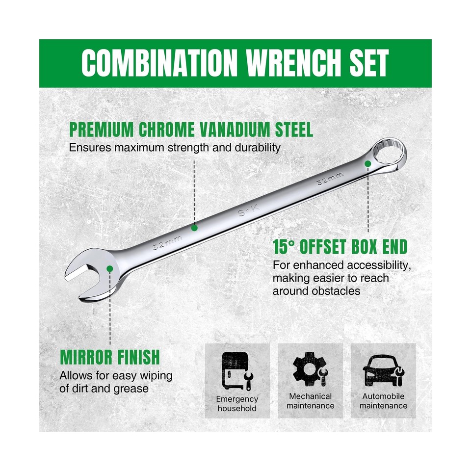 SK Combination Wrench Set, SAE 1/4" to 1-1/4", Metric 6 to 32mm, 42 ...