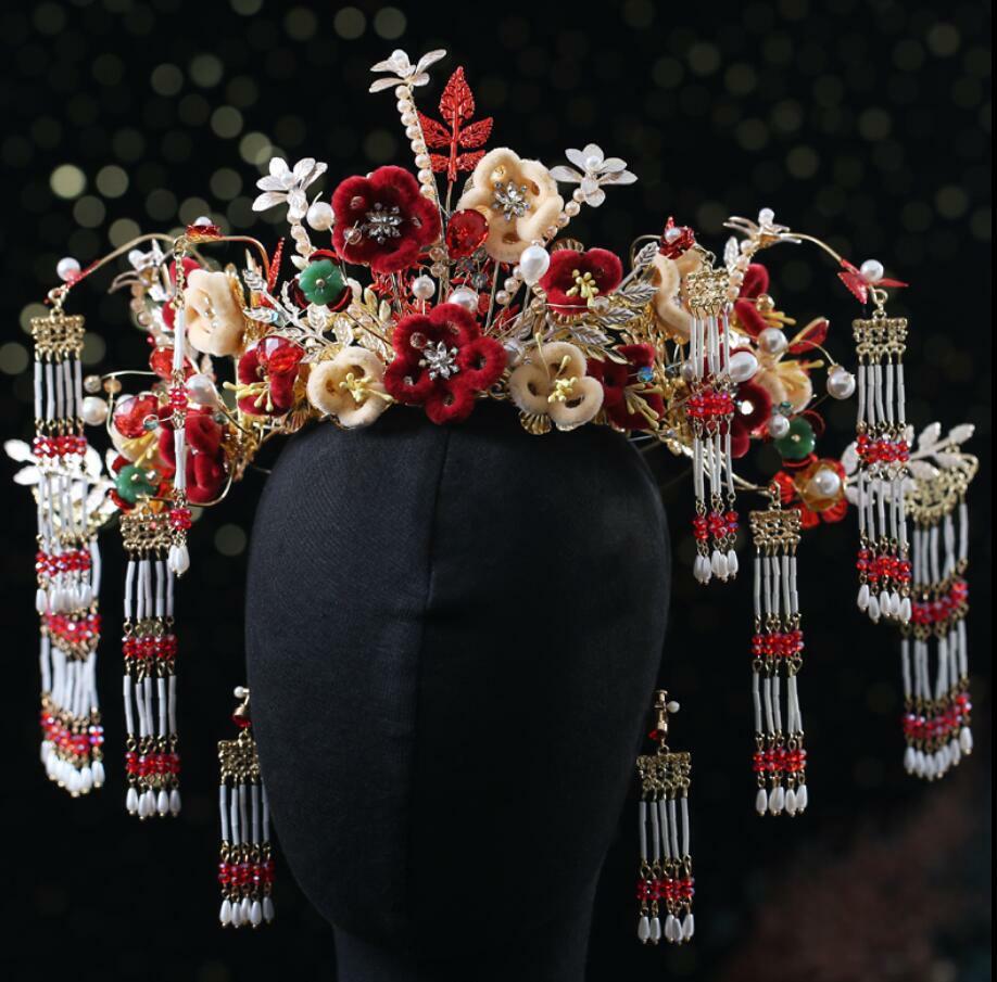 Chinese Ethnic Style Bridal Headdress Red Velvet Flower Crystal Tassel ...