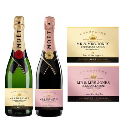 PERSONALISED MOET BOTTLE LABEL GOLD ROSE WEDDING ANNIVERSARY CHAMPAGNE ...