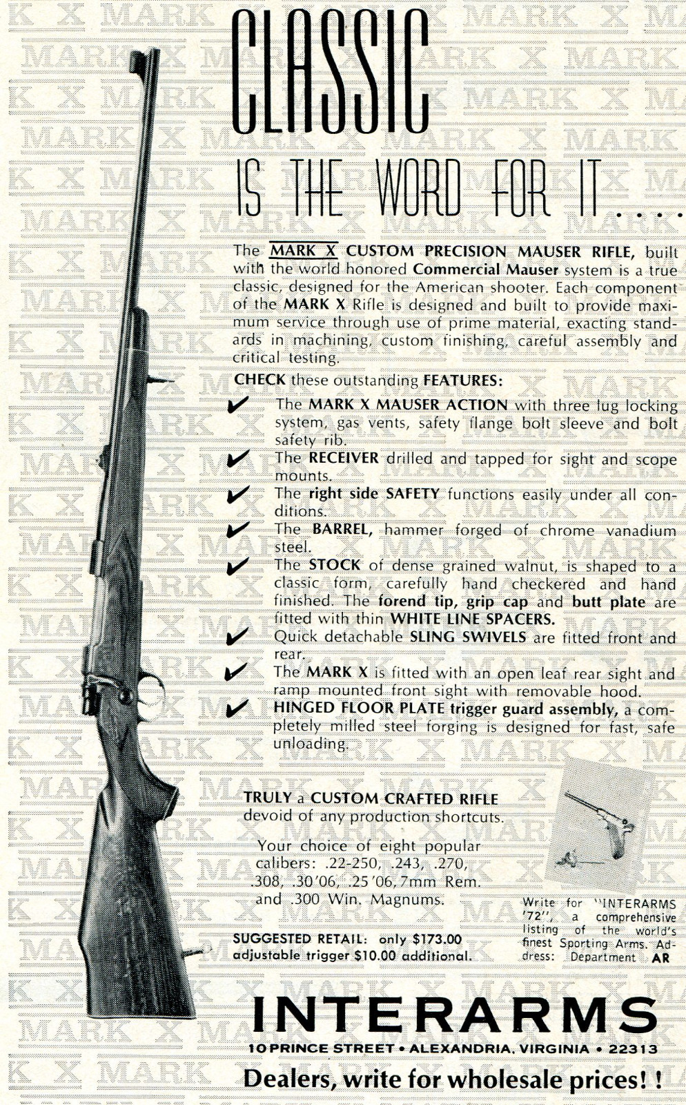 1972 small Print Ad of Interarms Mark X Custom Precision Mauser Rifle ...