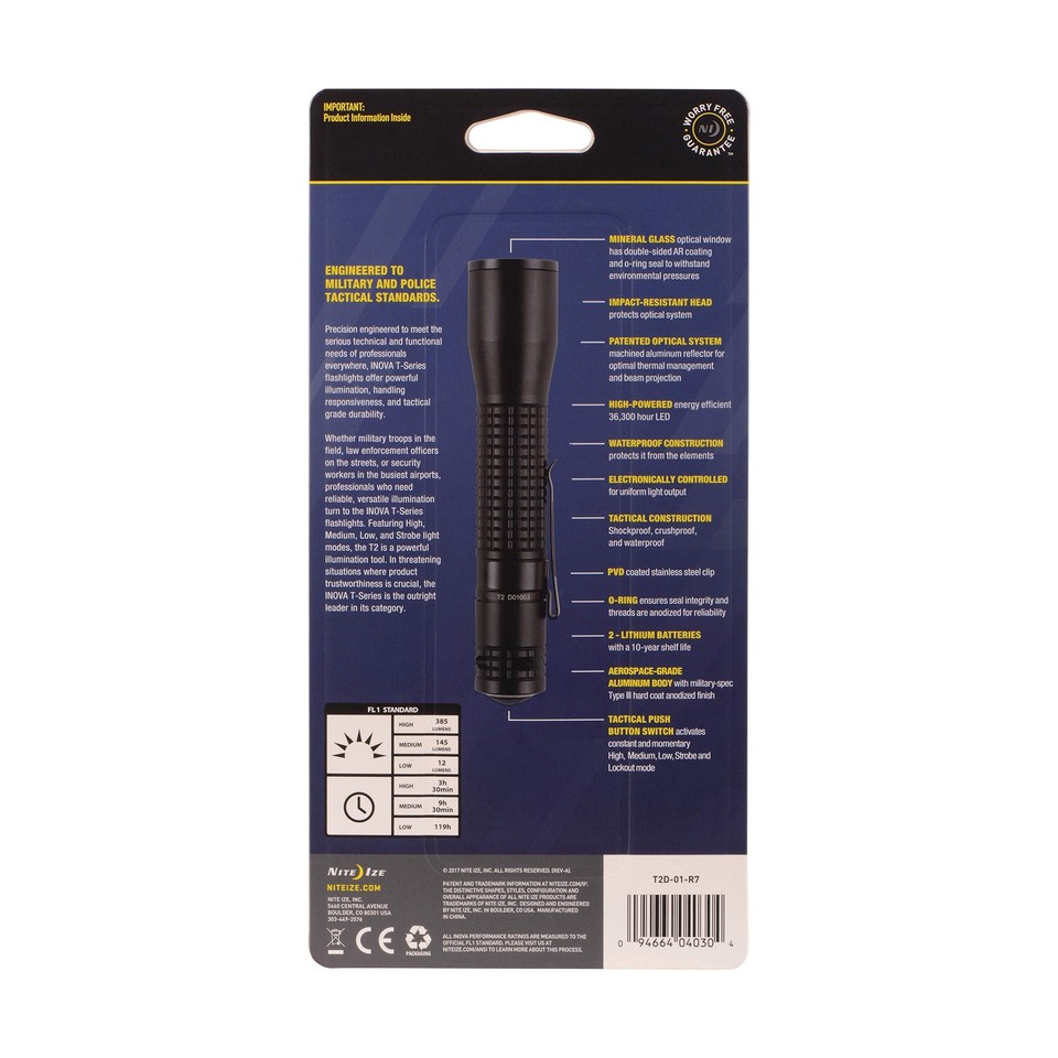 Nite Ize Inova T2 LED Waterproof Tactical Flashlight 385 Lumen 4 Mode ...