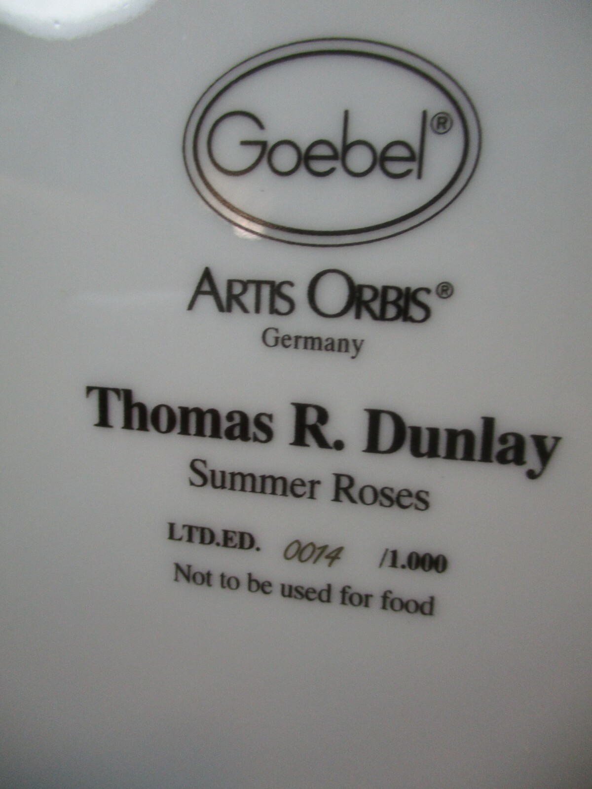 GOEBEL ARTS ORBIS GERMANY THOMAS R DUNLAY SUMMER ROSES LIMITED EDITION ...