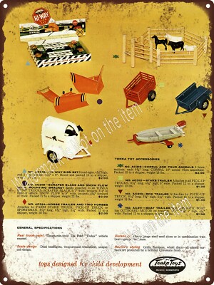 1958 Tonka Toy Hi-Way Set Trailer Boat Box Horse Scraper Metal Sign ...