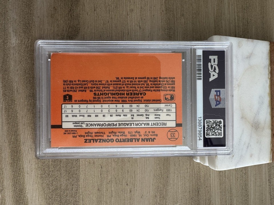 1990 Donruss Rated Rookie Reverse Negative Juan Gonzalez #33 PSA Texas ...
