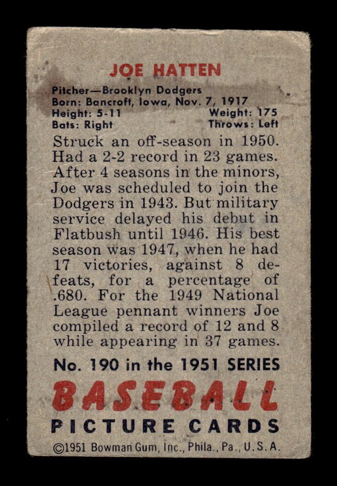 1951 Bowman Baseball #190 Joe Hatten GOOD Brooklyn Dodgers | eBay
