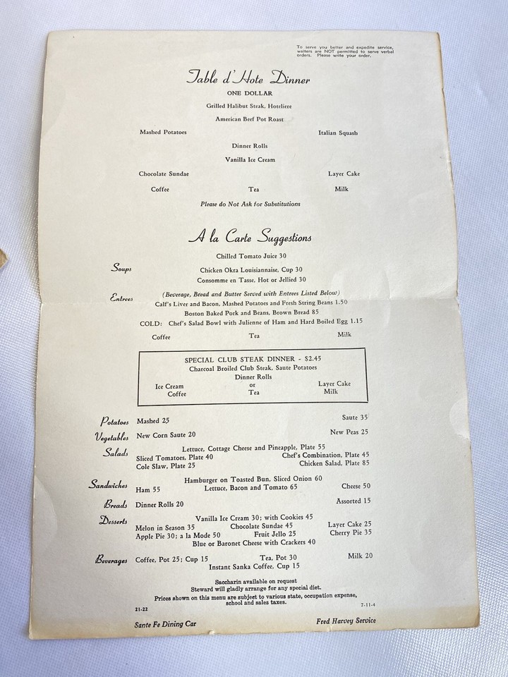 2-Santa Fe Railroad Dining Car Menu Fred Harvey-Grand Canyon-Santa Fe ...