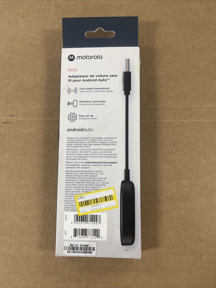 NEW Motorola Wireless Car Adapter for Android Auto Model MA1 for USB-A ...