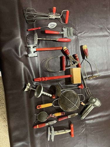 Large Lot of (18)Vintage RED Handled Kitchen Utensils Assorted ...