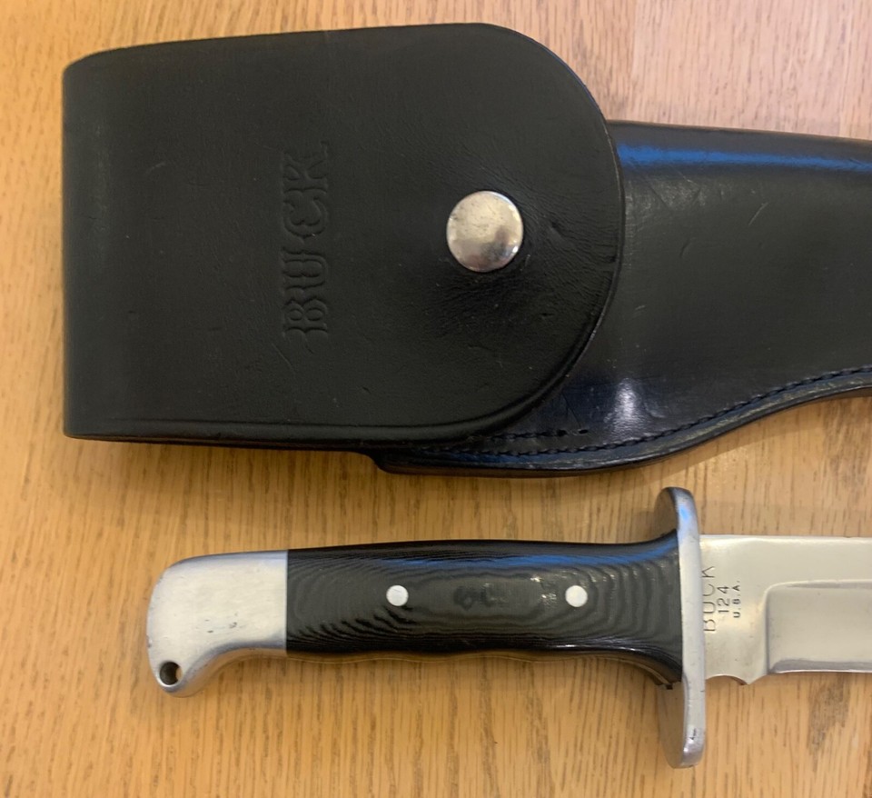 RARE VINTAGE BUCK 124 3 LINE INVERTED KNIFE W/ ORIGINAL SHEATH USED ...