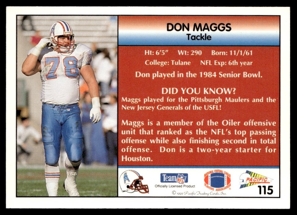 1992 Pacific Don Maggs Houston Oilers #115 | eBay