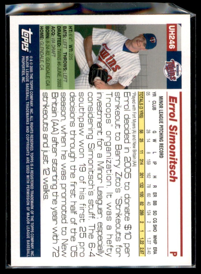 2005 TOPPS ERROL SIMONITSCH RC MINNESOTA TWINS #UH246 | eBay