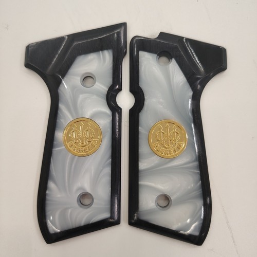 Beretta 92 fs Grips,Gold Metal Medallion,White Pearl,Black wood,Fits 92 ...