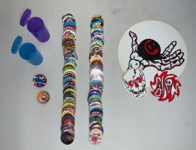 120 Assorted POGs Milk Caps Slammer Playing Surfaces Official POG tube ...