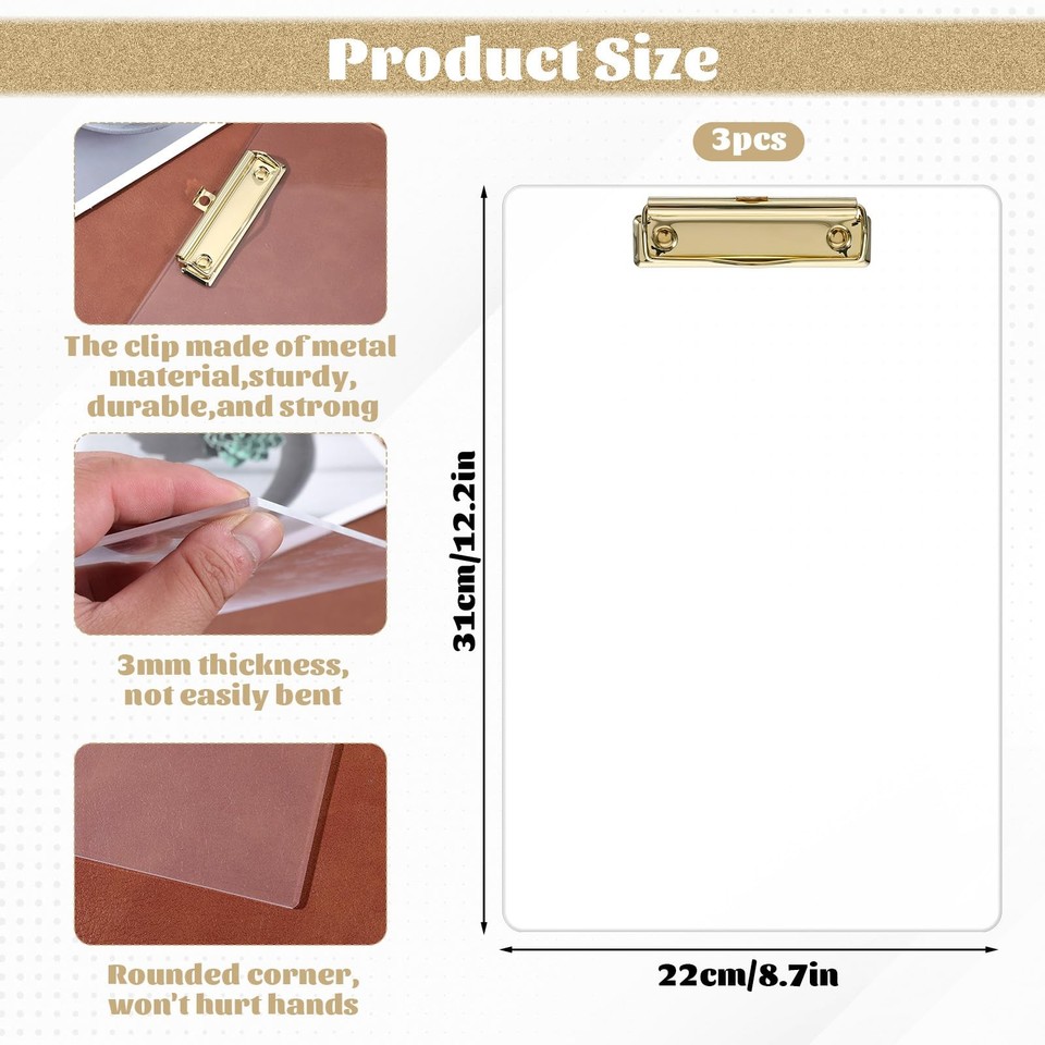 3 Pcs Thick Clipboards Clear Acrylic Gold Clip Stylish A4 Size Office ...
