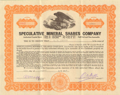 Speculative Mineral Shares Company mines 1928 mining stock certificate ...