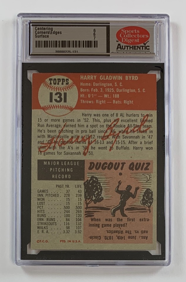1953 Topps Baseball #131 Harry Byrd SCD 6 EX-NM Graded Card GC8-5131 | eBay