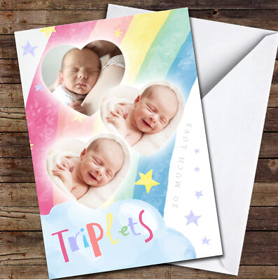 Rainbow Heart New Baby Triplets Photo Personalised Card | eBay UK