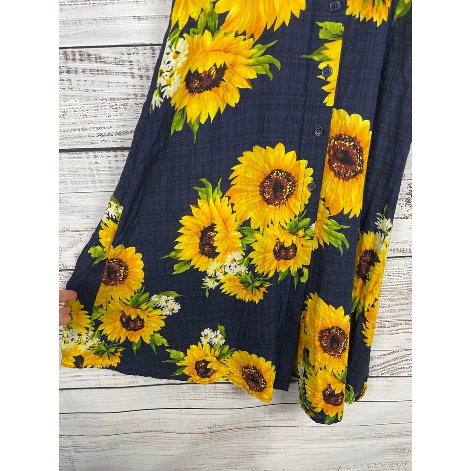 Parisian Petite Navy Blue Gauzy Sunflower Midi Dress Button Down size 2 ...