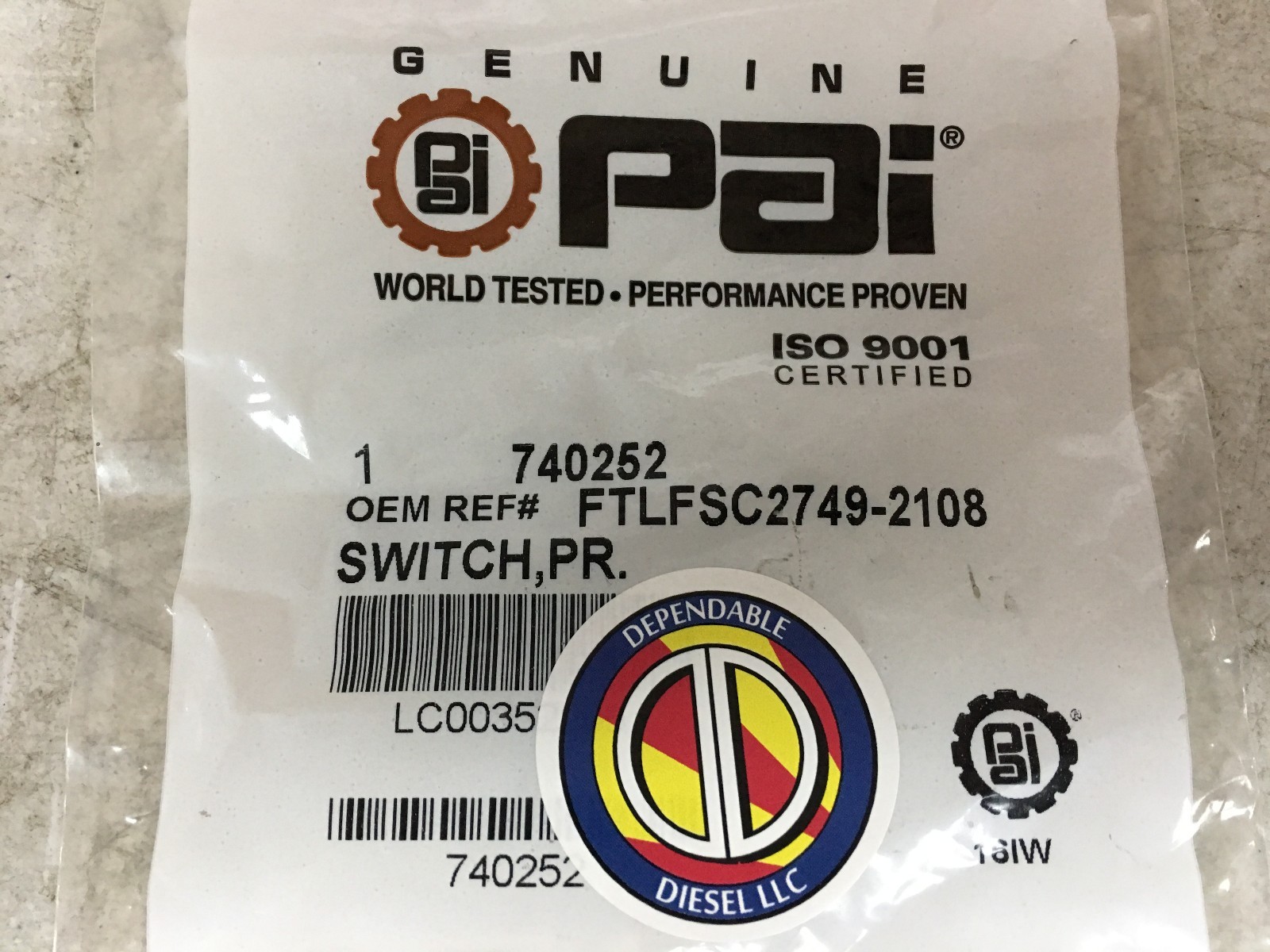 Parking Brake Light Pressure Switch PAI# 740252 Ref.# Freightliner ...