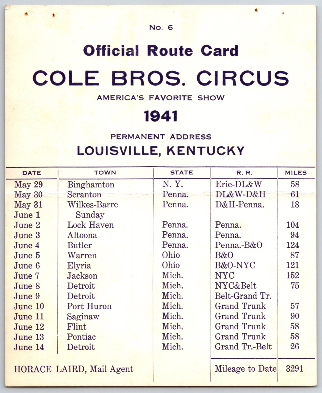 1941 Cole Bros Circus Route Card Indiana Ohio New York Pennsylvania ...