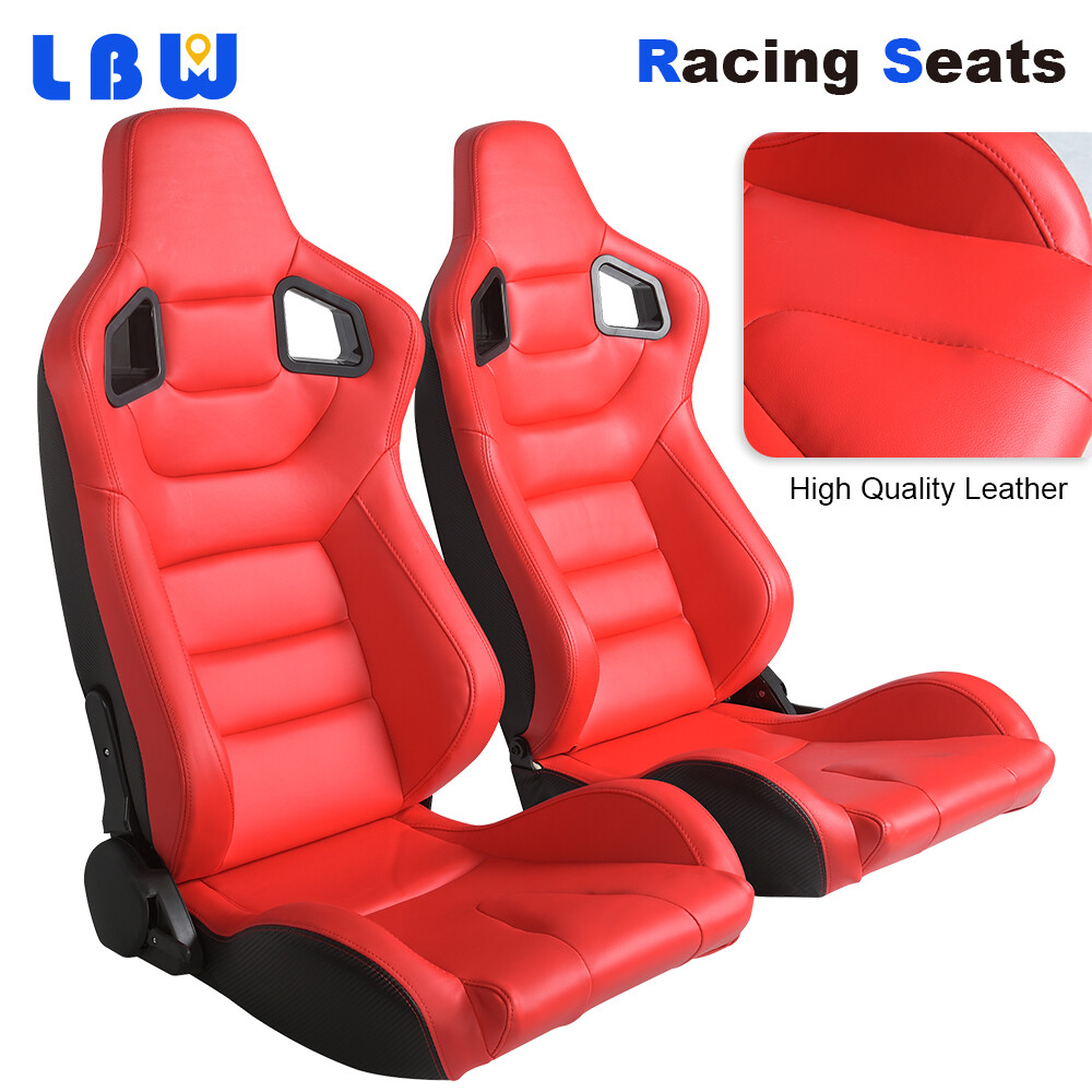 Pair of Car Racing Seats Set Full Wraped Red + Faux Leather Reclinable ...