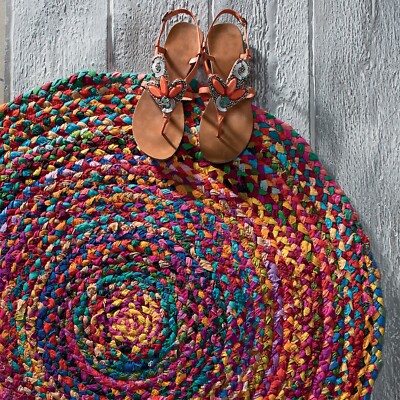 ⭐Round Multicolour Green Yellow Chindi Recycled Cotton Rag Rug Shabby ...