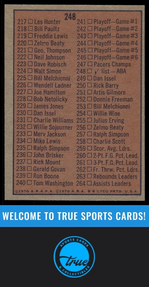 1972-73 Topps #248 ABA Checklist: 177-264 | eBay