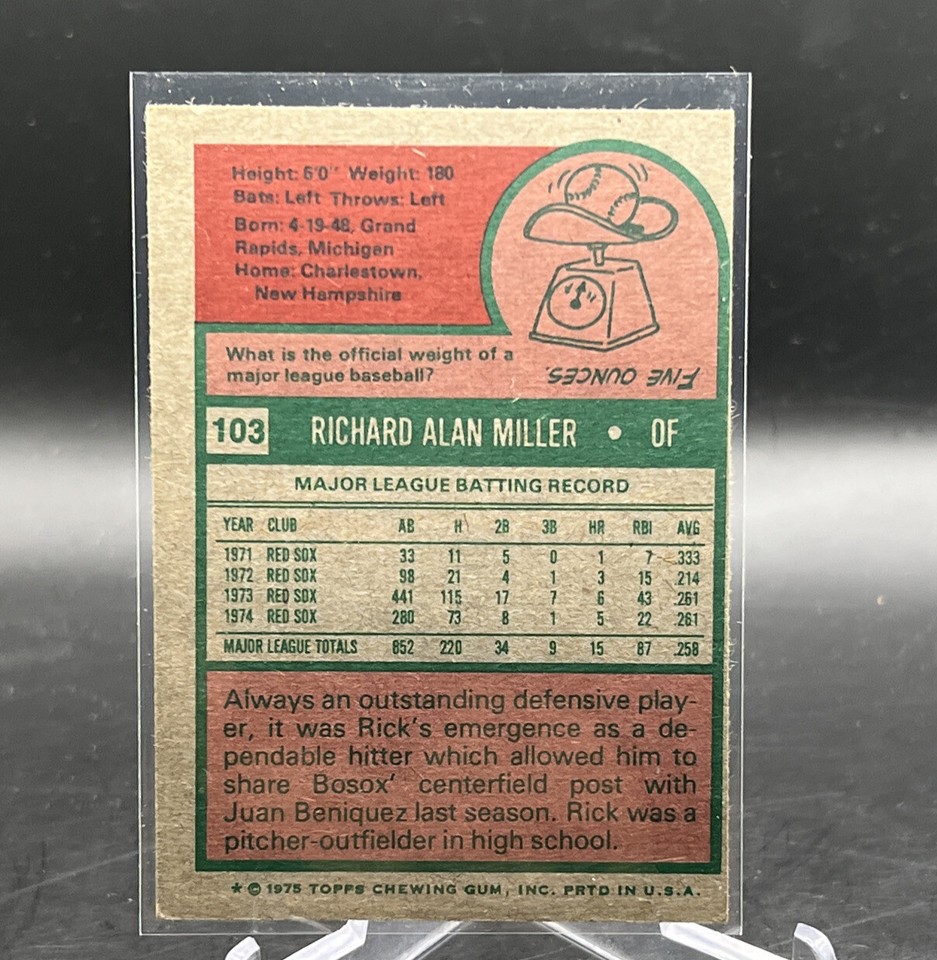 1975 Topps Baseball #103 Rick Miller Boston Red Sox Vintage EX-NM | eBay