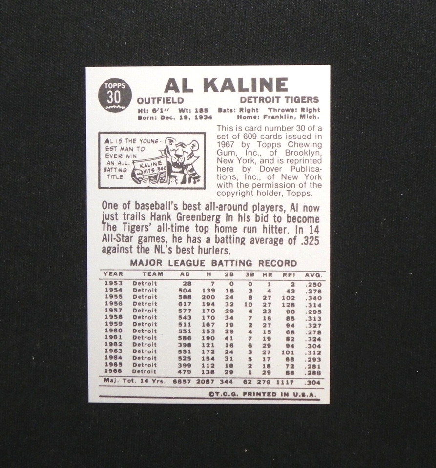 Al Kaline Dover Reprint of 1967 Topps Card #30 _ EXACT CARD (E) in Top ...