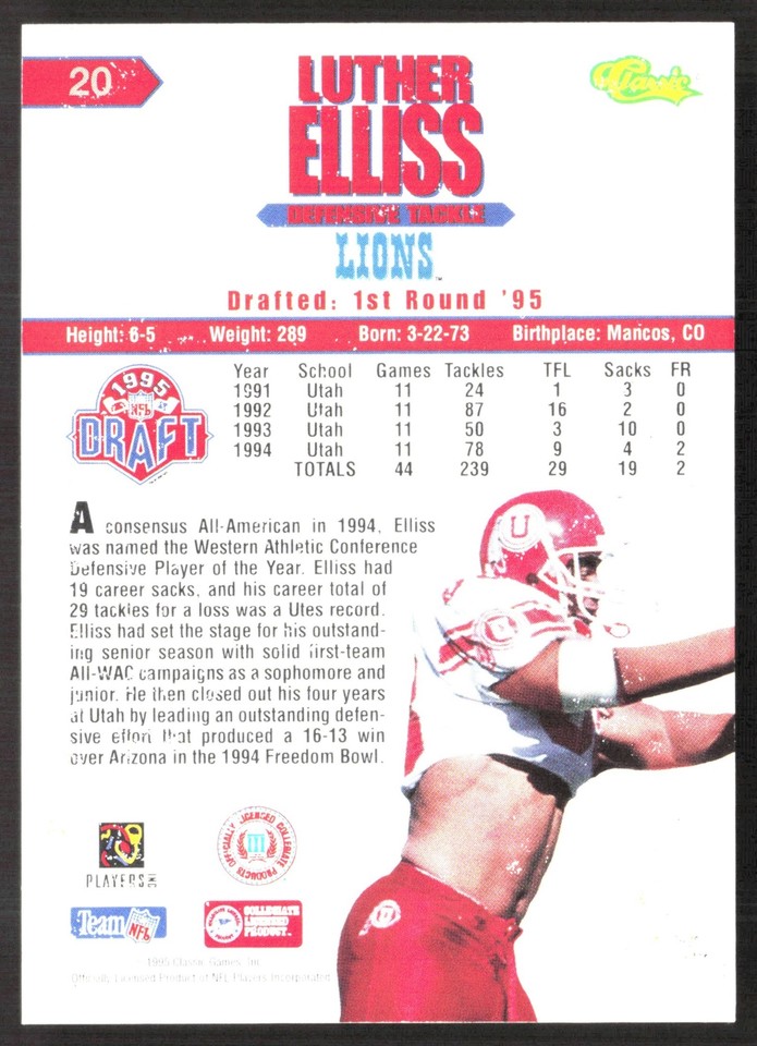 1995 Classic NFL Rookies Silver Foil #20 Luther Elliss Rookie Detroit ...