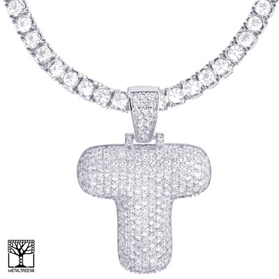 Bubble Letter T Initial Silver Plated Iced Pendant CZ 24" Tennis Chain ...