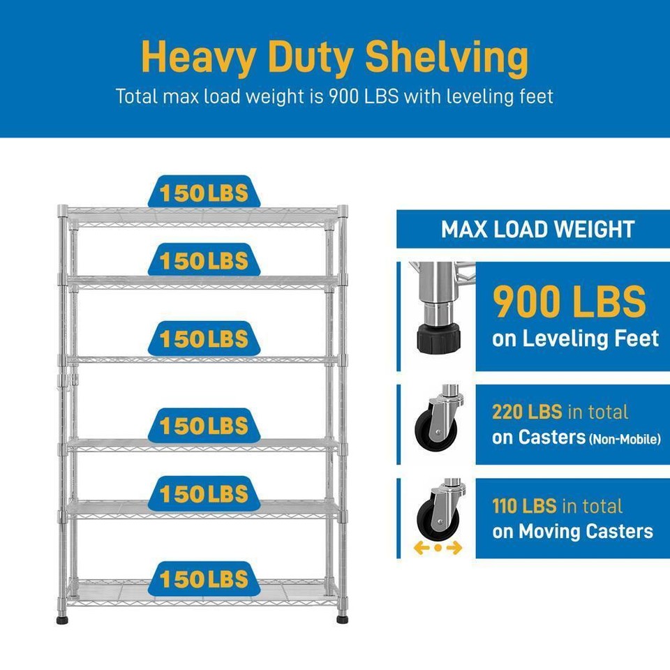 Rolling 6 Tier Storage Shelf Heavy Duty Storage Shelving Unit Metal ...