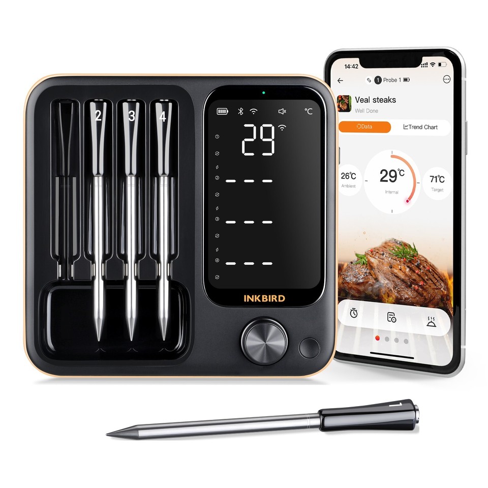INKBIRD Wireless BBQ Thermometer 4 Probes INT-14-BW WiFi Bluetooth Meat ...