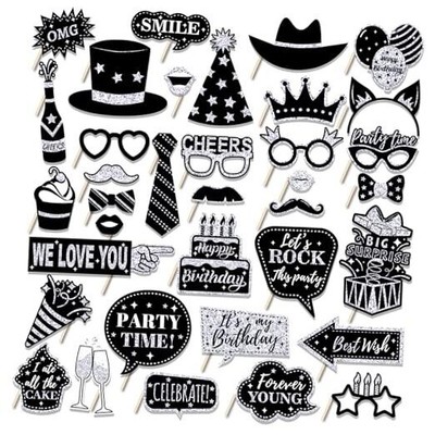 30 Pcs Birthday Photo Booth Props Black, Silver Birthday Photo Booth ...