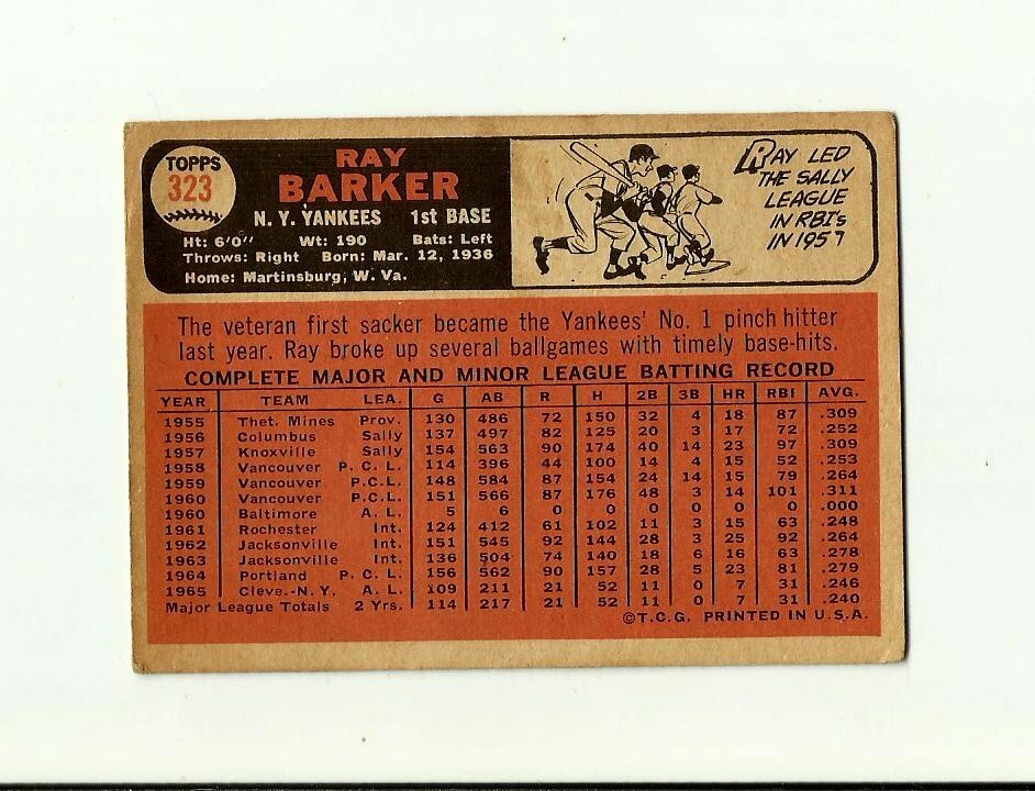 1966 TOPPS #323 Ray Barker: New York Yankees: 1st Base: Baseball Card ...